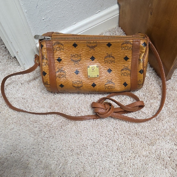 MCM | Bags | Mcm Tan Crossbody Bag With Monogram Print And Gold ...